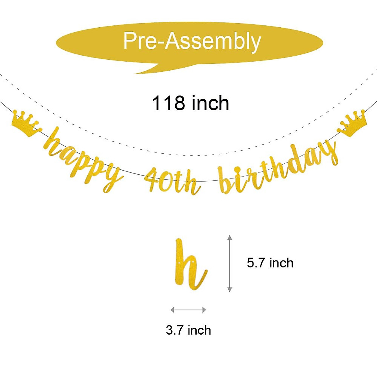 WEIANDBO Gold Glitter Banner,Pre-Strung,40th Birthday Party Decorations Bunting Sign Backdrops,Happy 40th Birthday