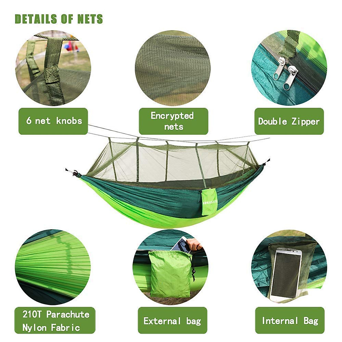 IDEALUX Camping Hammock with Net, Lightweight Portable Double Parachute Hammocks, 210T Nylon, High Capacity and Tear Resistance, Perfect for Camping, Backyard Relaxation (Green)