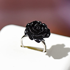 YINUJIAO 925 Sterling Silver Romantic Delicate Black White Red Floral Blooming 3D Carved 20MM Rose Flower Rings Adjustable Cuff Ring For Women and Men Adults (Black)