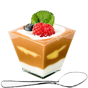 DLux 100 x 2 oz Mini Dessert Cups with Spoons, Square Short - Clear Plastic Parfait Appetizer Cup - Small Reusable Serving Bowl for Tasting Party Desserts Appetizers - With Recipe Ebook
