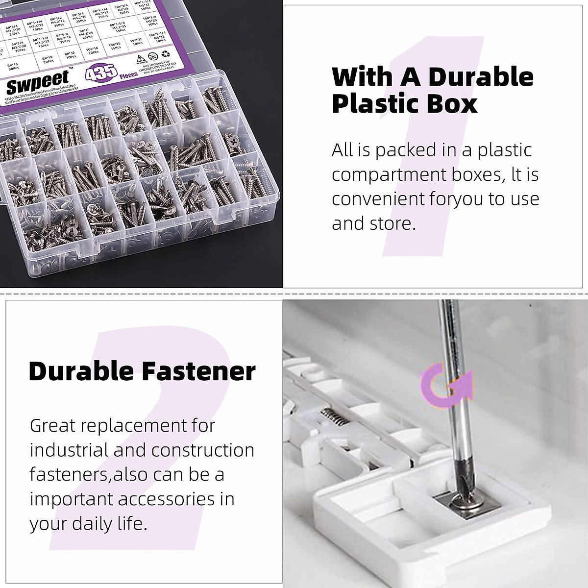 Swpeet 435Pcs 3 Types #6#8#10 SAE 304 Stainless Steel Round Pan Head and Phillips Flat Head Self Tapping Sheet Metal Screws Wood Screws with 410 Stainless Steel Truss Head Fast Self Tapping Screws