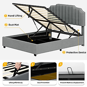DWVO Full Size Lift Up Storage Bed Frame with Adjustable Upholstered Platform Headboard, Sturdy Wood Slats & Metal Base Support, Noise-Free No Box Spring Needed, Fast Assembly, Velvet, Grey