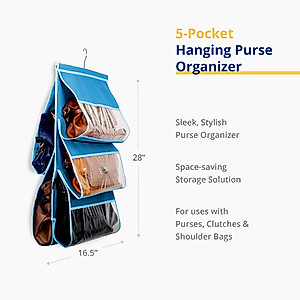 OrganizeME Bag Hanging Organizer for Closet Clear Handbag Organizer for Purses, Handbags Etc. 5 Easy Access Clear Vinyl Pockets with 360 Degree Swivel Hook 2 Pack