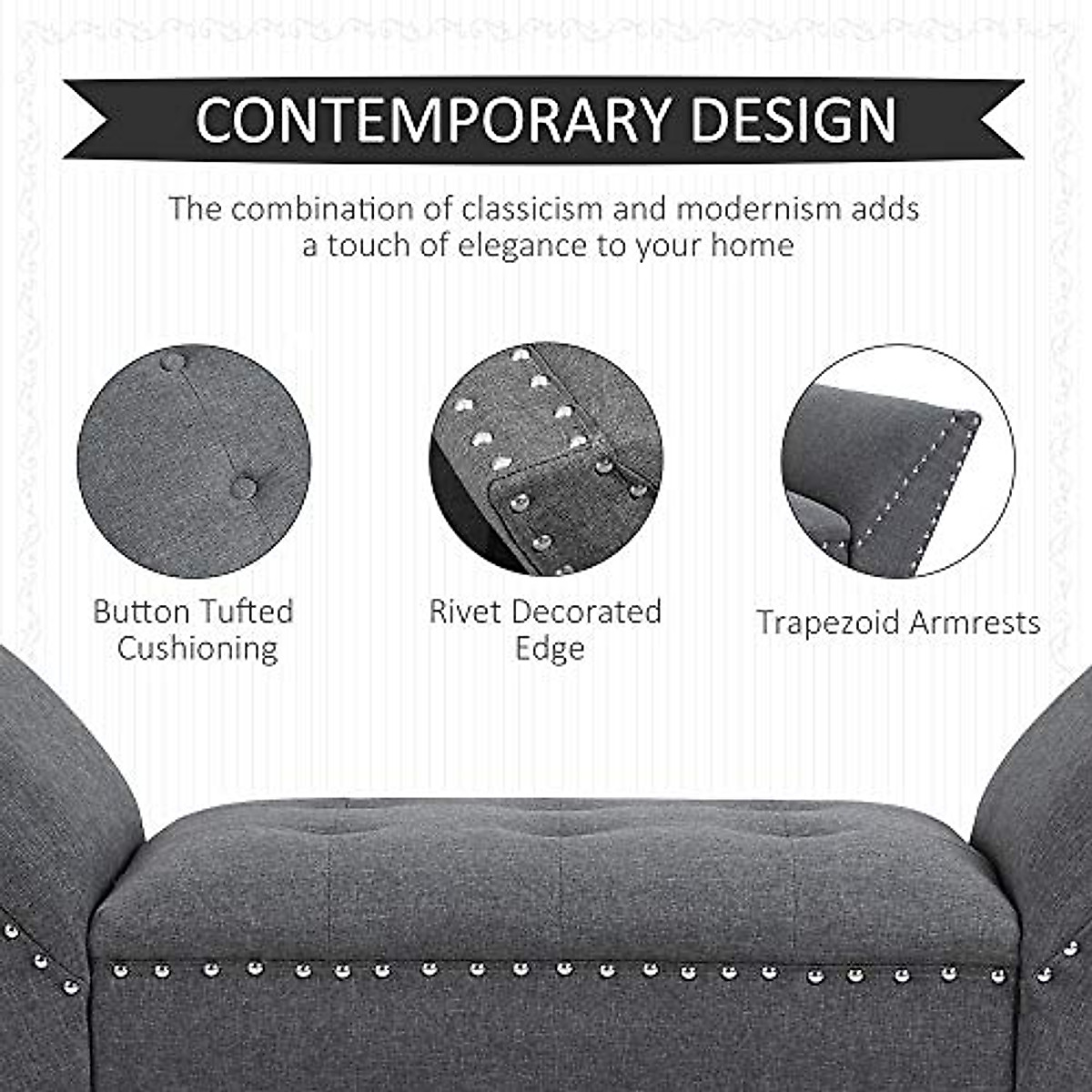 HOMCOM Modern Button Tufted Sitting Bench, Accent Fabric Upholstered Ottoman for Bedroom or Living Room, Charcoal Grey