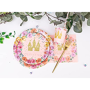 Princess Party Supplies-Princess Party Tableware Set Include Princess Castle Plates, Napkins, Cups Straws for Girls Princess Baby Shower Decorations Serves 10