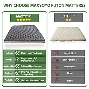 MAXYOYO Japanese Floor Futon Mattress Full Size, Floor Couch for Adults Roll Up Folding Floor Bed Portable Mattress Foam Mattress Queen, Diamond Patterned Japanese Futon Bed, Dark Grey
