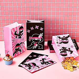 24 Pcs Ninja Party Favor Bags Birthday Ninja Goodie Bags Ninja Birthday Party Supplies Candy Bags Ninja Themed Birthday Treat Bags Goody Bags for Kids Boy Girl Ninja Party Decorations(Pink, Black)