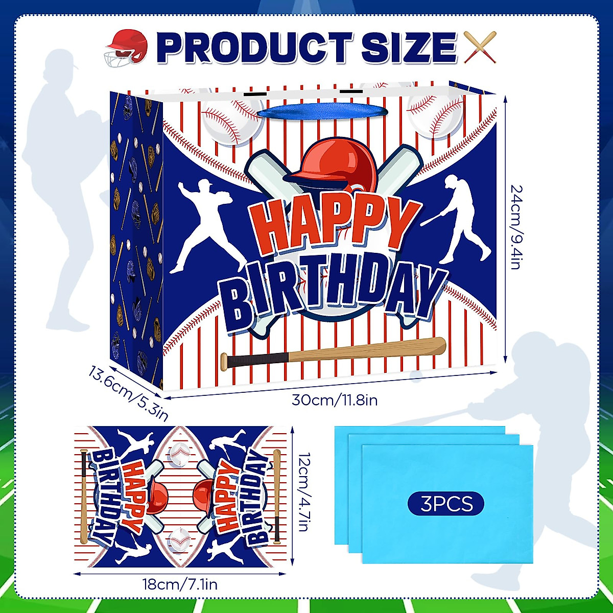 RUMIA Baseball Birthday Gift Bag with Tissue Paper Greeting Card Baseball Happy Birthday Gift Wrap Bag with Handle for Boys Kids Teens Christmas Holiday Sport Themed Baseball Birthday Party Supplies