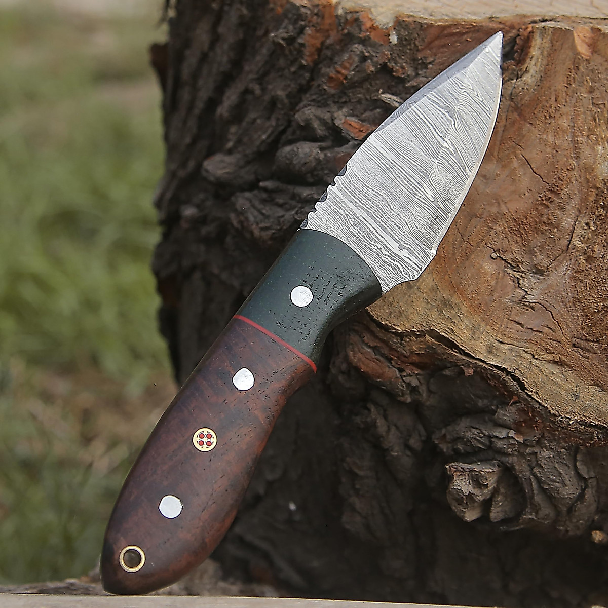 H.M Knives Handmade Damascus Steel Knife - Fixed blade Bush craft Hunting Knife, Survival & Camping Knives, with Rose Wood Handle Real leather Sheath, (HM1)