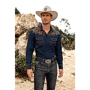 COOFANDY Western Shirts for Men with Snap Buttons Regular Fit Printed Mens Long Sleeve Shirts Casual Blue Large