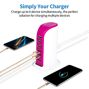 Wyssay 10A(50W) Universal USB Charger，6-Port Independent Desktop USB Charging Station，Multi Charger Block with 4 Ft Extension Cord, USB Fast Charger for Phone Ipad and More(Pink)