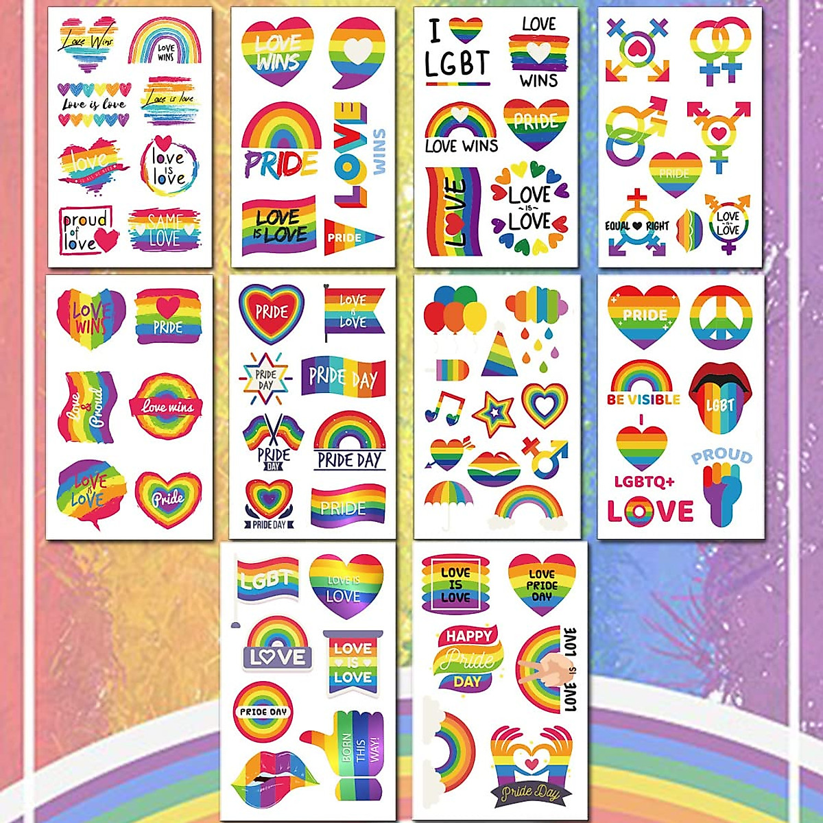 Ooopsiun 80 Pcs Rainbow Temporary Tattoos -10 Sheets Pride Tattoos Flower/Heart/Rainbow Tattoos for Pride Festivals