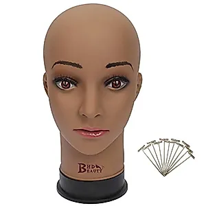 BHD BEAUTY Bald Mannequin Head Brown Female Professional Cosmetology for Wig Making, Display wigs, eyeglasses, hairs with T pins 22''