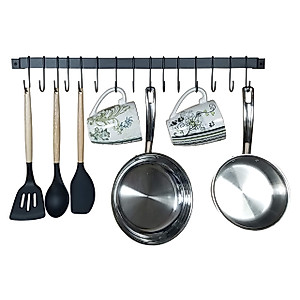 Wall-Mounted Utensil Rack Hanger – Black, 17" x 1" - Rustic Iron Kitchen Organizer with Ten 3.5" Hanging Hooks - Coffee Mug Rail - Pot and Pan Holder - Organizing Rod for Cookware - Claimed Corner