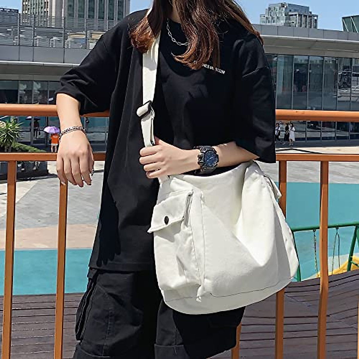 Canvas Tote Bag Hobo Crossbody Handbag Big Capacity Messenger Bag with Multiple Pockets Casual Shoulder Bag for Women Men (B-White)
