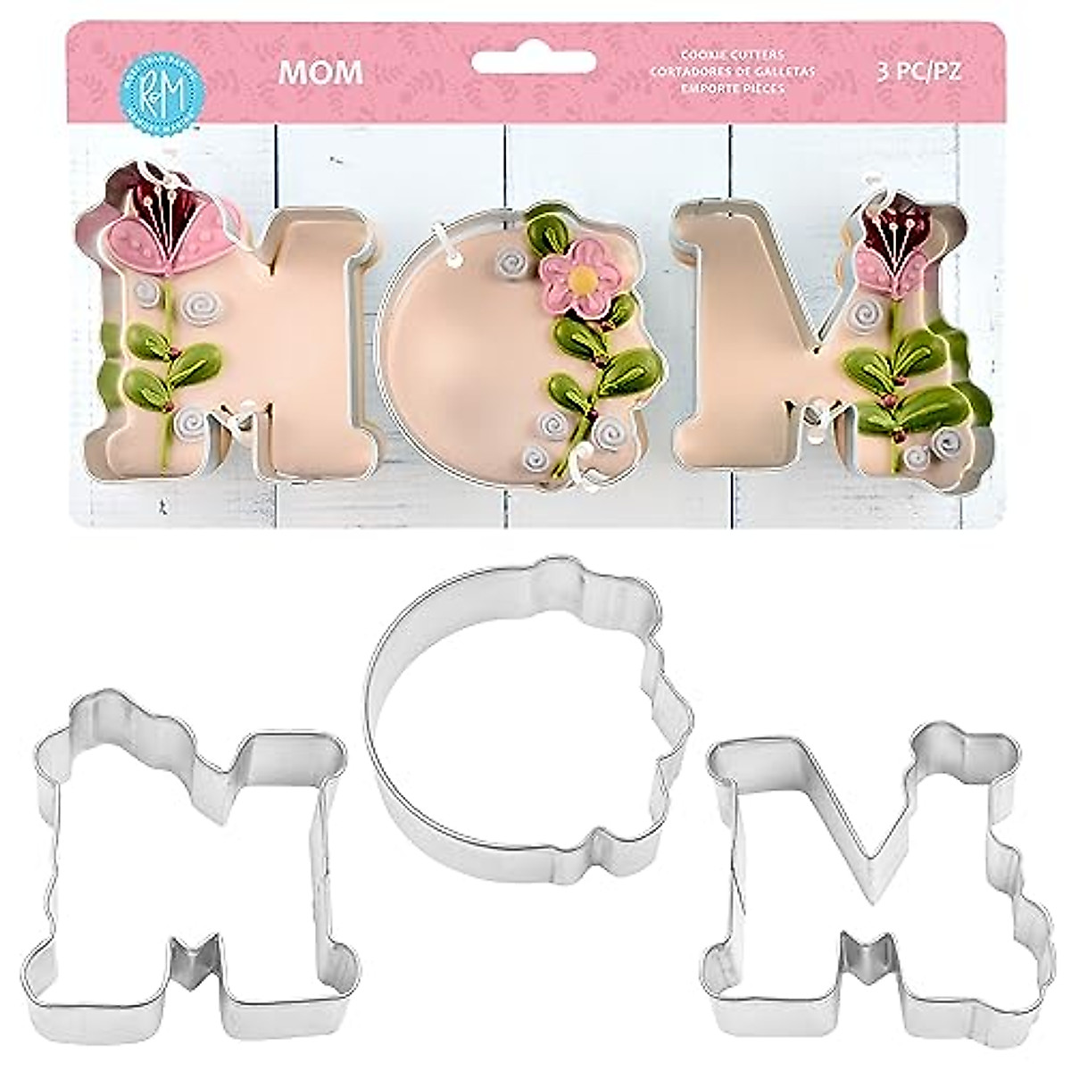 R & M International 5145 Mom Letters Mother's Day, 3-Piece Cookie Cutter Set, Tinplated Steel