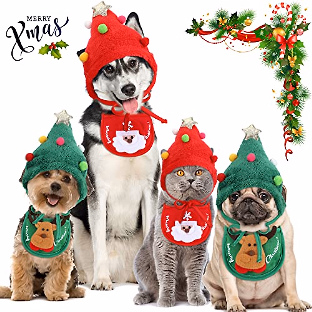 Lauwell 4 Pcs Christmas Dog Pet Costume Include 2 Christmas Tree Hat Small Dog Headgear and 2 Adjustable Collars Bib Santa Elf Cat Bib for Xmas Dog Cat Outfit Clothing Party Accessory