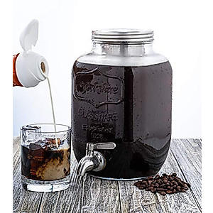 1 Gallon Cold Brew Coffee Maker | Easy Pour Stainless Steel Spigot Tap, Removable Fine Mesh Filter | Extra Thick Glass Cold Brew Pitcher Brewing System Iced Coffee Maker | Refrigerator Safe