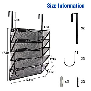 BOHDK Wall File Organizer 5 Pockets, Hanging File Organizer, Foldable Mesh Hanging File Holder with Label Panel | 2 Hooks | Wall Mount & Door Hanging for Office Home