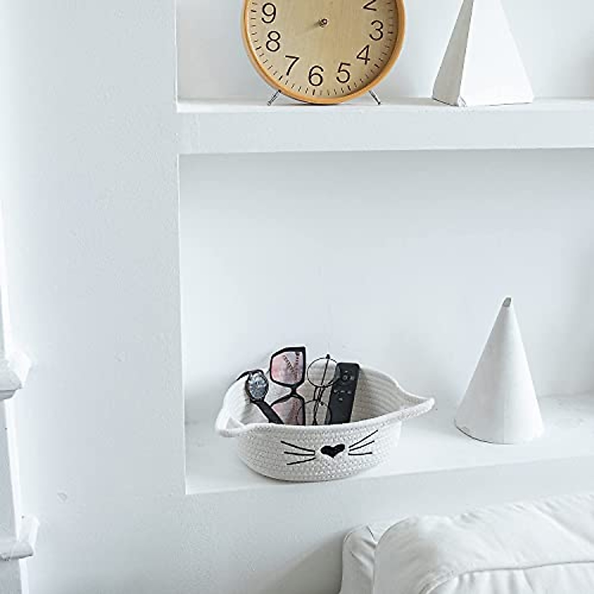 Small Woven Basket Cotton Rope Basket with Cat Ears Little Storage Baskets for Organizing Bins Organizer Wicker Nursery Room for Kids Baby Dog Toy Drawer Gifts 9.5"x8.5"x4", White