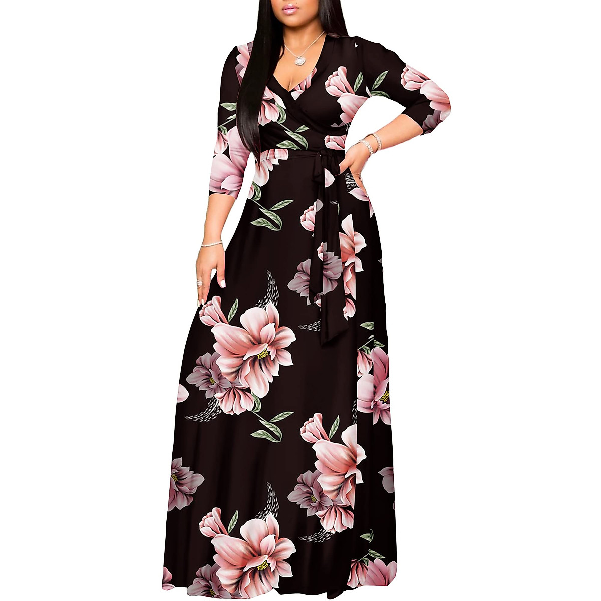 AOMONI Women's Maxi Floral Print Casual 3/4 Sleeve V-Neck Wrap Tie Waist Long Dress Pink Large