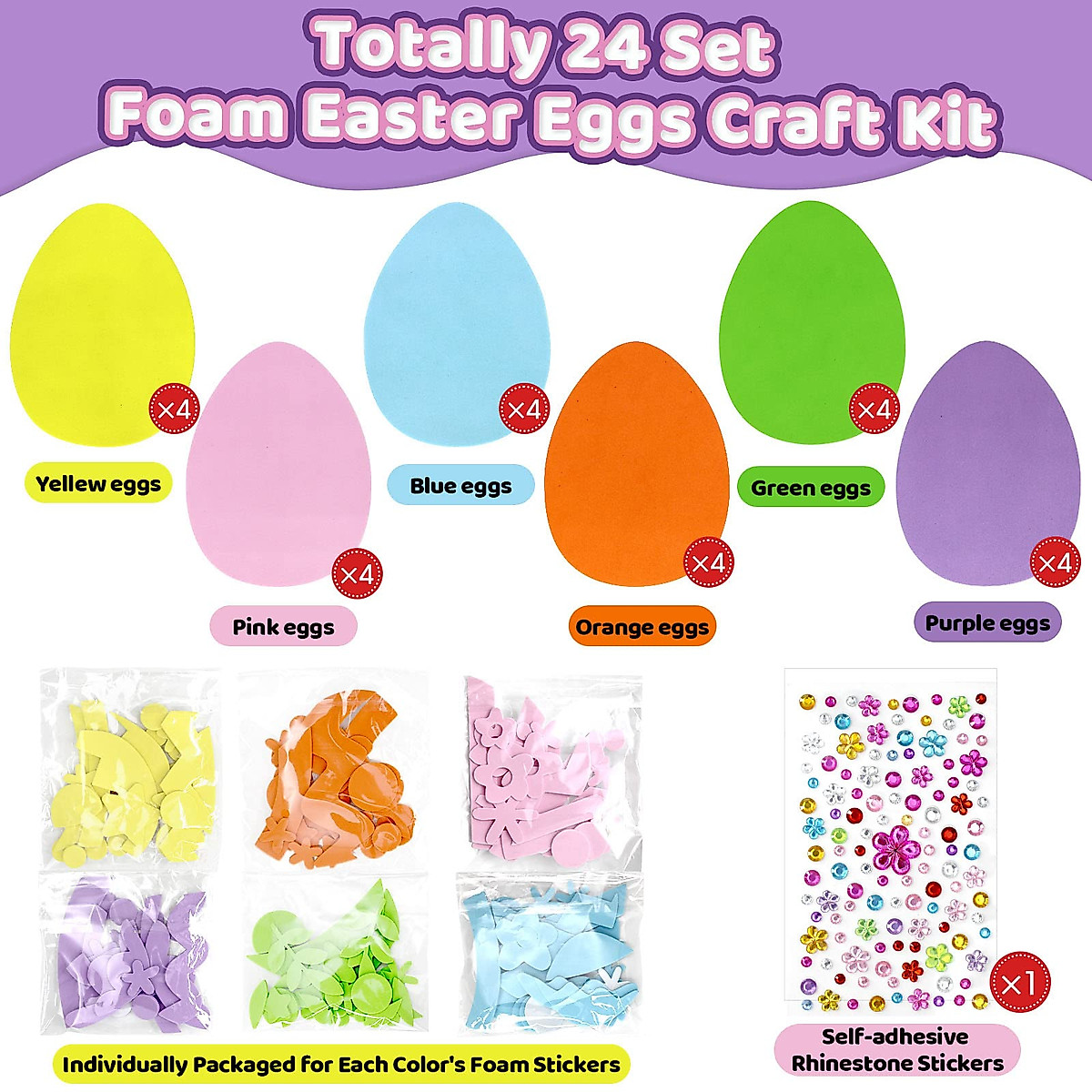 Hifunwu 24 Pcs Foam Easter Eggs for Crafts Easter Foam Crafts Stickers Set with Rhinestones Easter Crafts Party Favors Supplies