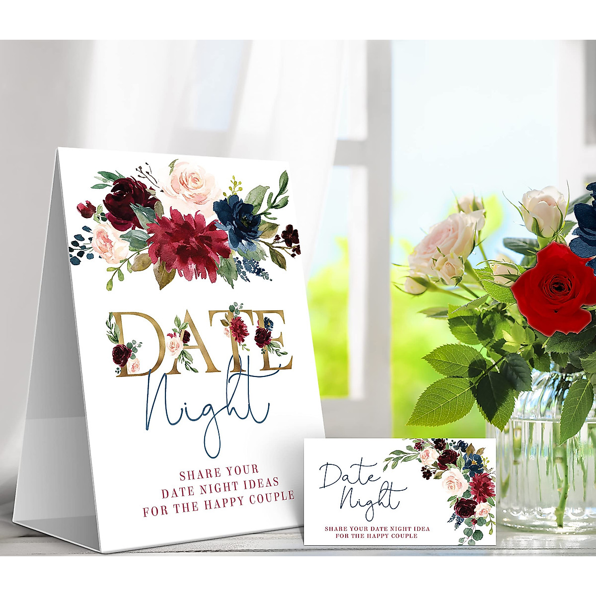 Your Main Event Prints Burgundy and Navy Floral Date Night Game Sign and Cards - Great for Bridal Showers and Weddings - 1 Self-Standing Sign and 50 Guessing Cards