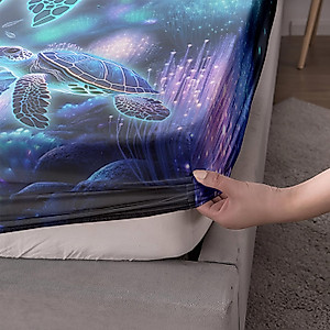 AILONEN Sea Turtle Fitted Sheet Set Twin XL Size, Ocean Bed Sheet Set Coral Jellyfish 3 Pieces Printed Sheet Set for Boys Girls,Evening Starry Moon Turtle Fitted Sheet with 2 Pillowcases