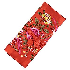 Lidwot 1 Piece Red Embroidery Flower and Bird Silk Brocade Jewelry Roll Bag,Travel Jewelry Organizer Bag with Ribbons Tie Close