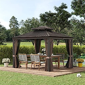 ZZBJ 12'x10' Outdoor Hardtop Gazebo with Aluminum Frame, Gazebo Canopy with Curtains Netting for Gardens, Patios, Backyards