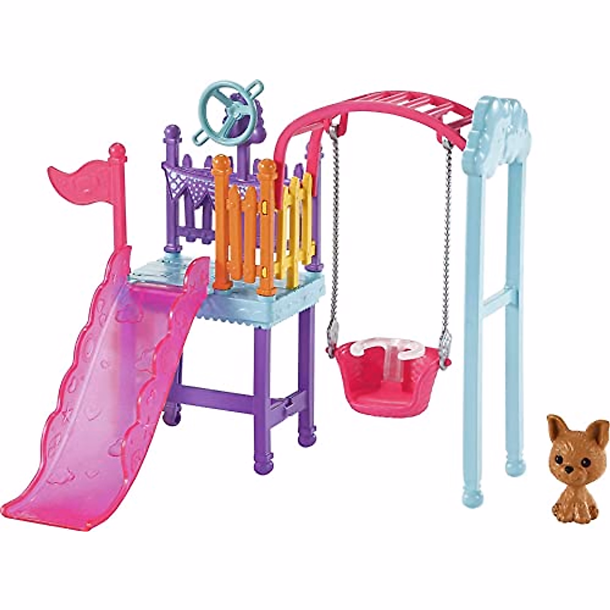 Barbie Chelsea Swing Set Playset with Chelsea Doll (6 in Brunette) Wearing Star-Print Skirt, Pet Puppy, Swing & Slide, Gift for 3 to 7 Year Olds