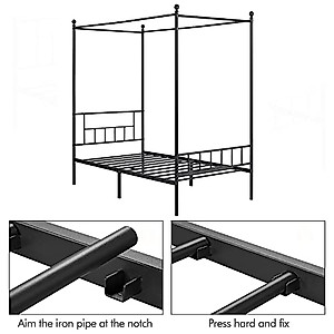 Yaheetech Metal Canopy Platform Bed Frame Four-Poster Canopied Bed Mattress Foundation with Headboard and Footboard Sturdy Slatted Structure No Box Spring Needed Easy Assembly Twin Black