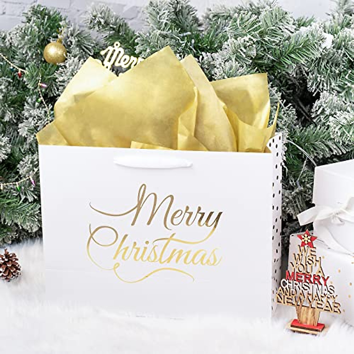 WRAPAHOLIC Christmas Gift Bags - 6 Pack Large Size White Gold Foil Merry Christmas Lettering Bags with 18 Sheets Wrapping Tissue Paper - 16" x 6" x 12"