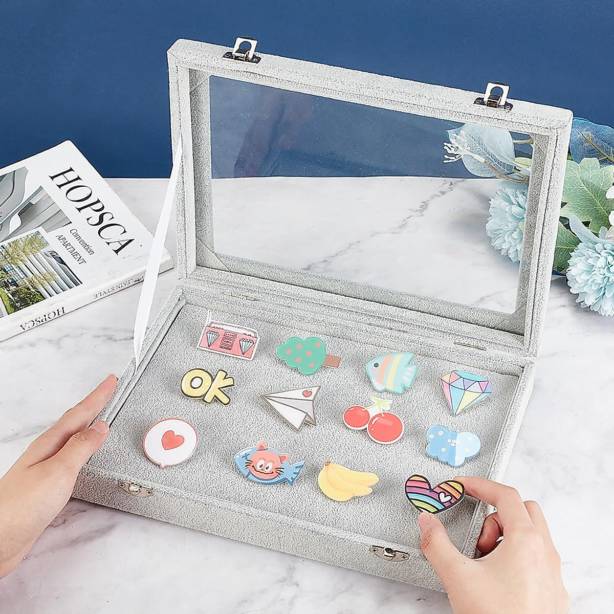OLYCRAFT 8x11inch Pin Display Case Pin Collection Display Box Wooden Badge Storage Showcase with Velvet Cover and Iron Latch Lock Silver Clear Display Holder Board Frame for Flower Pictures Medals