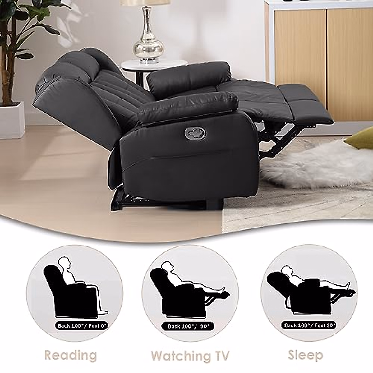 AHMED RV Loveseat Recliner Sofa, Faux Leather Home Theater Seating with Removable Armrest for Adults, Manual Double Recliner Chair with Cup Holders/Side Pockets for Living Room (Black)