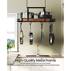 CHOEZON Hanging Pot Rack, Pot Hanger for Kitchen, Ceiling Mounted Pot Holder, Cookware Organizer with 12 S-Shaped Hooks, for Pot, Pan Storage, Space Saver, Rustic Brown and Black TPR08BF