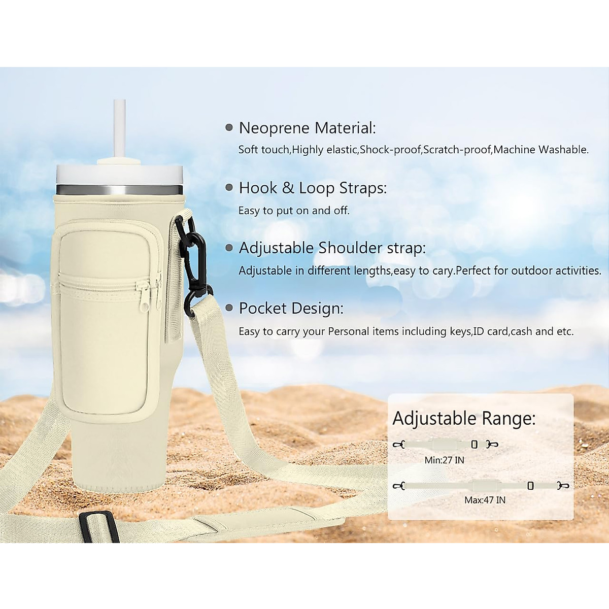 Momocici Cup Holder Carrier Bag with Strap and Pouch for Stanley Quencher 40oz Tumbler. Cup Crossbody Holder Bag Compatible with Stanley Cup for Hiking Travelling Camping.(Cream)