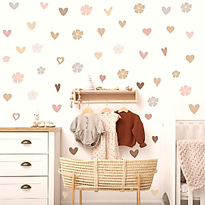 Colorful Flowers Wall Decals Boho Wall Stickers Pastel Hearts Wall Art Stickers Girls Bedroom Decor Pink Floral Decals Peel and Stick Heart Vinyl Murals Wallpaper for Kids Baby Room Nursery Decoration