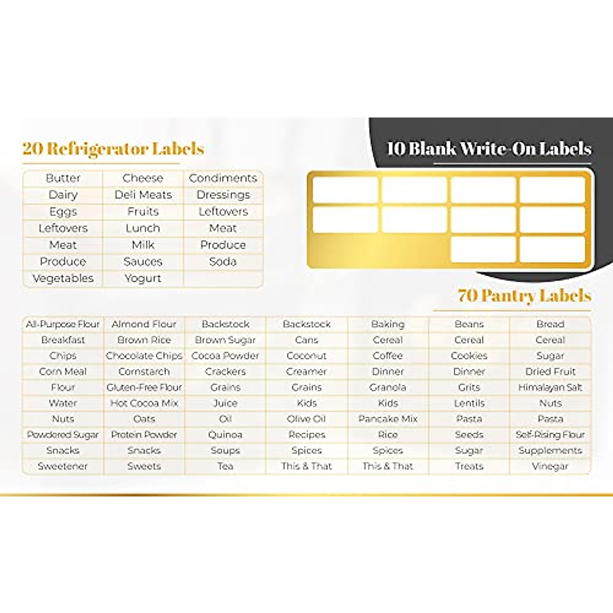 Mint Living Gold Pantry Labels 100 (90 Preprinted +10 Blank) Kitchen Labels - Glossy Water Resistant Sticker for Kitchen & Fridge Pantry Organization Storage Containers Jars Easy Reposition
