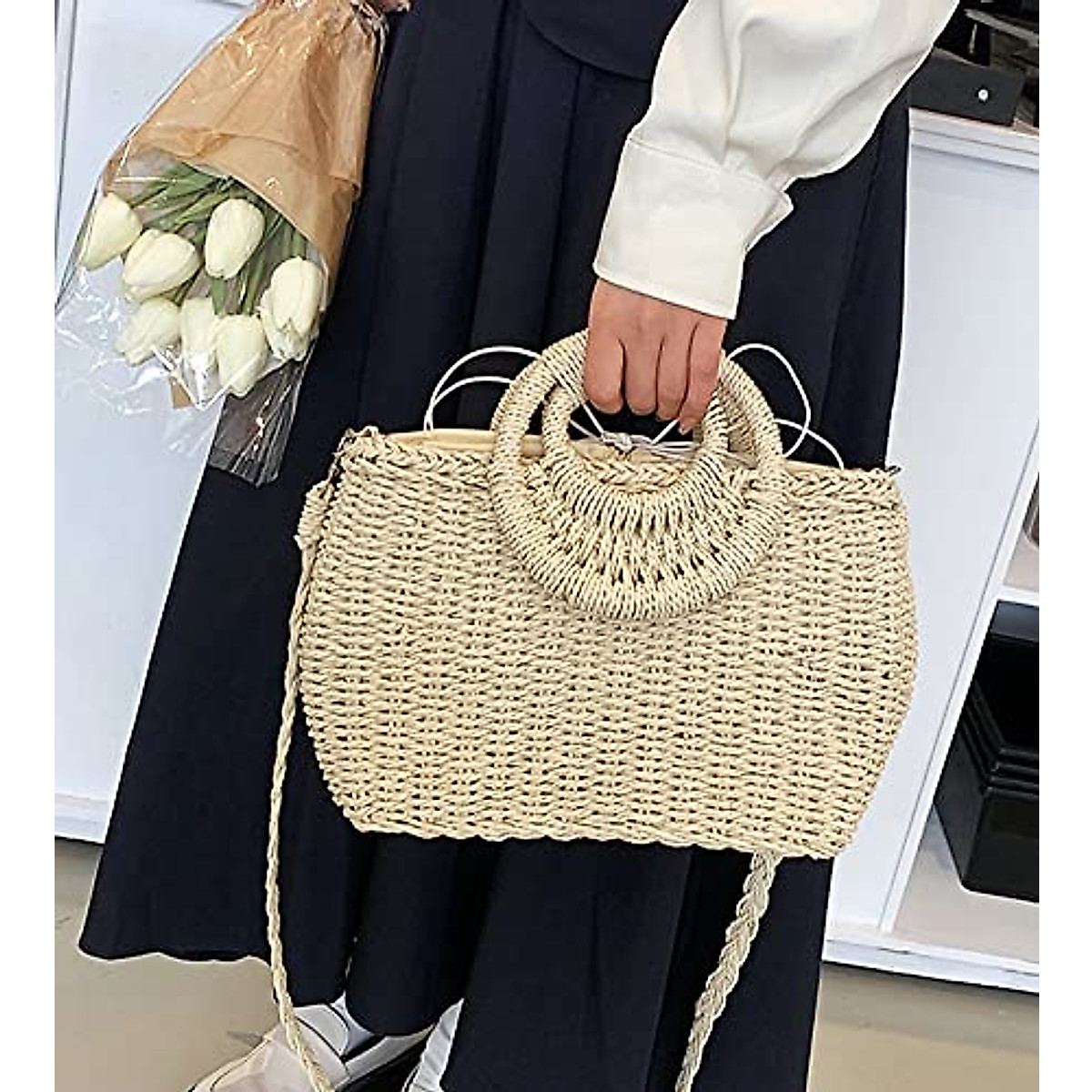 Handmade Woven Straw Handbag Women Summer Trendy Beach Travel Tote Bag Purse