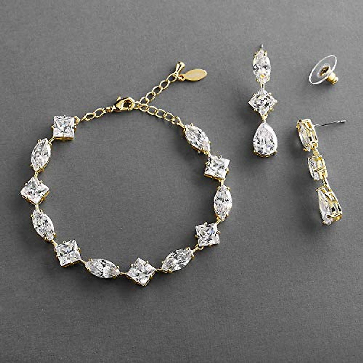 Mariell Gold Zirconia Crystal Wedding Bracelet and Earrings Set for Women, Jewelry for Bride, Bridesmaid