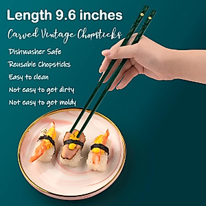 HELERKOL 5 Pairs Fiberglass Multicolor Dark Color Chopsticks Carved Gold Glitter Patch Chopsticks Reusable Non-Slip Lightweight Chinese Japanese Korean Chopsticks Dishwasher Safe, 9.6 Inch long