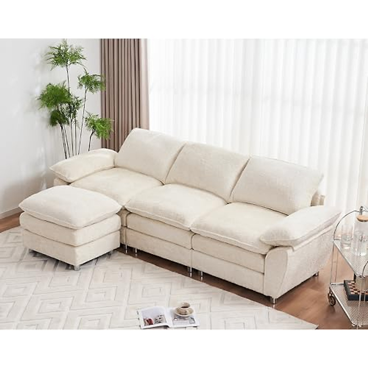 101.6" Small Modular sectional Sofa,Living Room Comfort Cloud Couch sectional, Modern Dark 3-Seater Cloud Sofa，Modular Sofa with Ottoman，Comfortable upholstered Furniture. for Apartment Office(White)