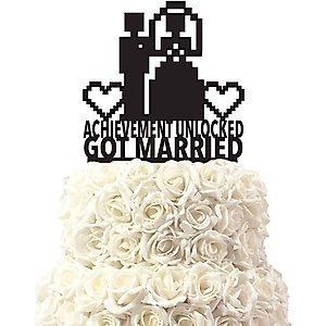 For Gamers Achievement Unlocked Wedding Cake Toppers Mr Mrs Got Married Cake Topper with Bride and Groom Couple Silhouette for Wedding Decoration Gifts