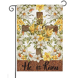 Linen He Is Risen Spring Easter Garden Flag Double Sided Welcome Farmhouse Yard Outdoor Decoration Cross Daffodil Flower Garden Flag Yard 12.5" X 18"