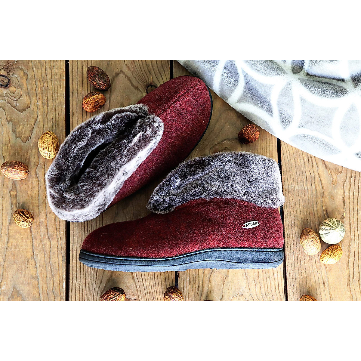 Acorn Women’s Chinchilla Bootie Slipper, Plush Faux Fur with a Multi-Layer Memory Foam Footbed And A Rubber Sole.