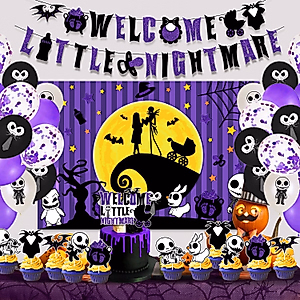 Nightmare Christmas Baby Shower Decorations, Welcome Little Night Before Halloween Birthday Party Decorations Includes Banner, Backdrop, Balloons,Cake Topper and Cupcake Toppers