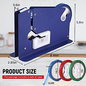 Kailund Steel Tape Bag Sealer with Bag Trimmer - Includes 6 Rolls of Tapes - Poly Bag Sealer Tape Machine, Bag Sealing Tape Dispenser for Fruit, Greens and Ground Meat Packaging
