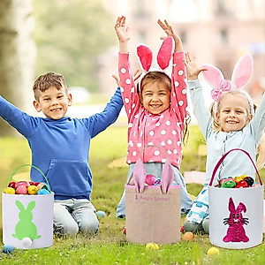 Faylapa 3pcs Easter Bunny Basket Bags Bunny Canvas Tote - Party's Celebrate Decoration Eggs Candy and Gifts Carry Bucket-Pink+Blue+Green