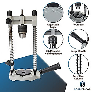 ROONOVA: Angle Drill Guide | Portable Drill Press Stand | Strong Aluminum Alloy | Multi-Angle Adjustable Drill Press Guide with Chuck | Portable & Lightweight | Complete with Credit Card Tool